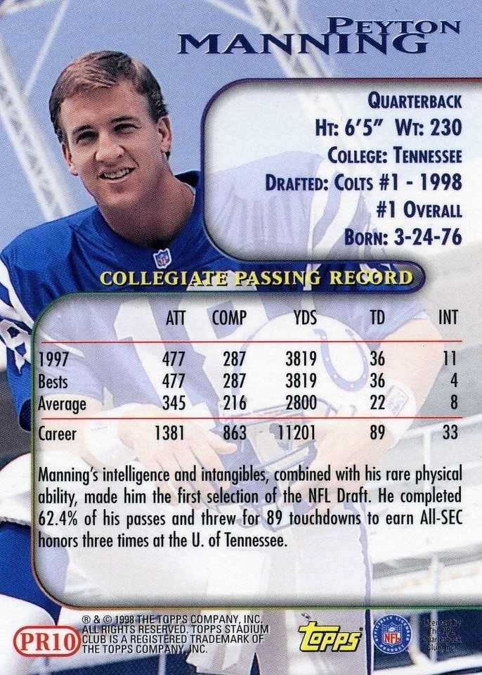 Peyton Manning 1998 Stadium Club Prime Rookies RC #PR10 Indianapolis ...