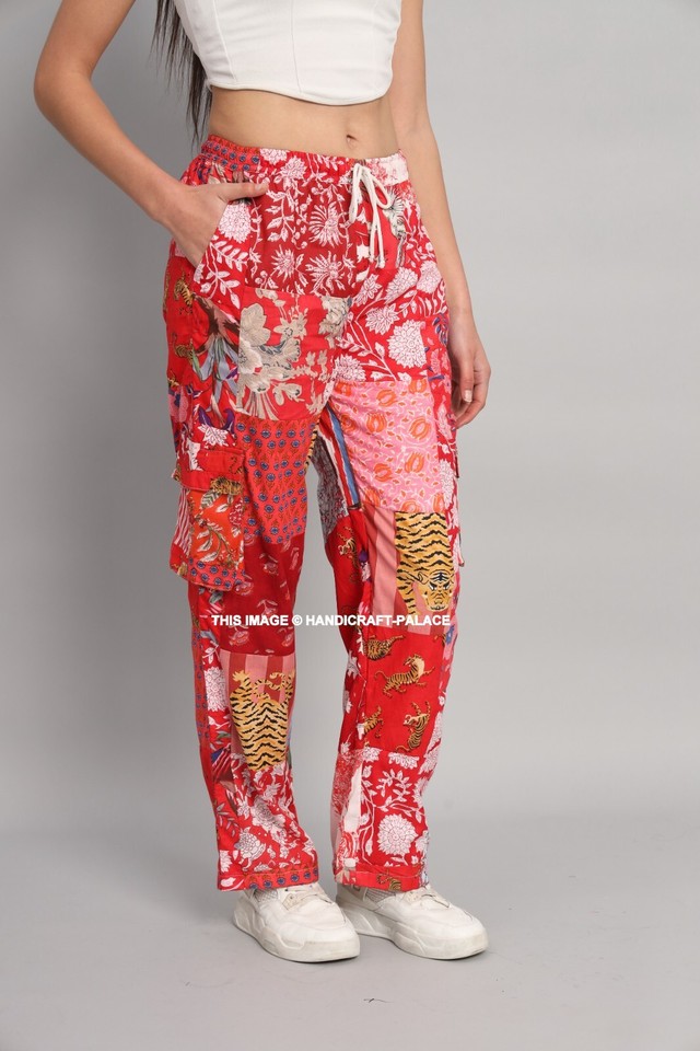 Women Boho Baggy Harem Pants Hippie Wide Leg Gypsy Red Patchwork Casual ...