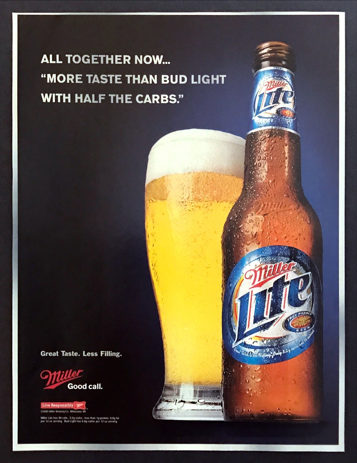 2005 Miller Lite Beer Bottle & Glass photo "Great Taste. Less Filling ...