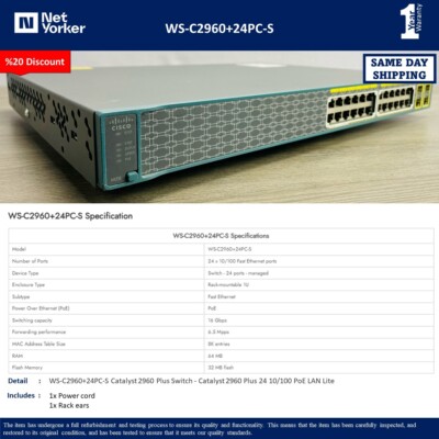 Cisco Catalyst WS-C2960+24PC-S Plus SI PoE Switch - Same Day Shipping ...