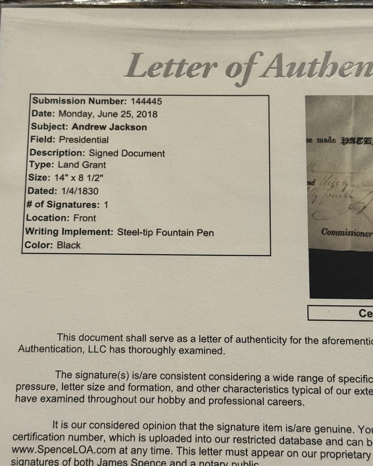 Andrew Jackson Signed 1/4/1830 Document land Grant JSA Cert-7th ...