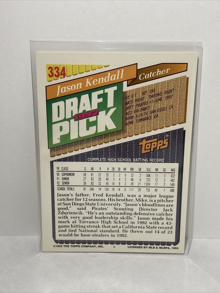1993 Topps Pittsburgh Pirates Baseball Card #334 Jason Kendall Rookie ...