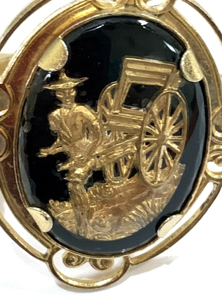 Vintage Hinged Scarf Clip Resin Encased Rickshaw Asian Gold Black Oval ...