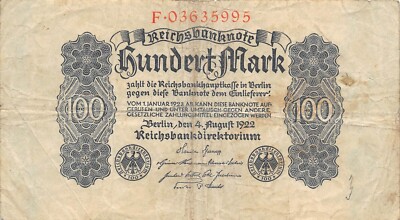 Germany 100 Mark 4.8.1922 Series F Circulated Banknote Q6 | eBay