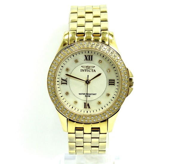 Ladies Invicta 3345 Diamond Bezel Mother of Pearl Dial 18k Gold GP ...