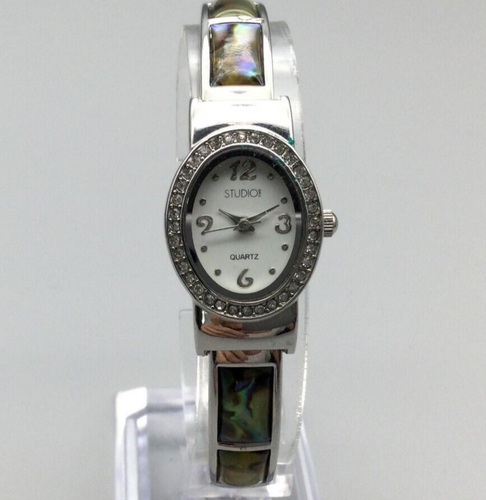 Studio Time Watch Women 20mm Crystal Silver Tone Abalone Bangle Band ...