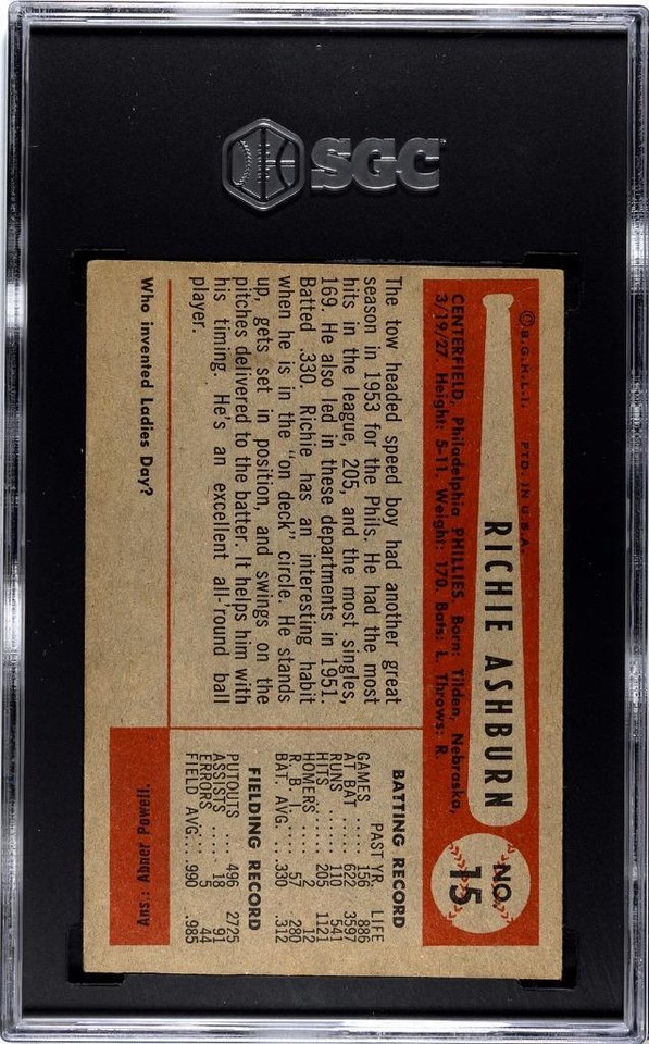 1954 Bowman #15 RICHIE ASHBURN card! PHILLIES! HOF! Graded SGC 5 EX! | eBay