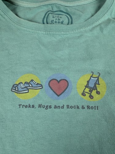 Life is Good Shirt Women Small Blue Treks Hugs Rock & Roll Shoes Heart ...