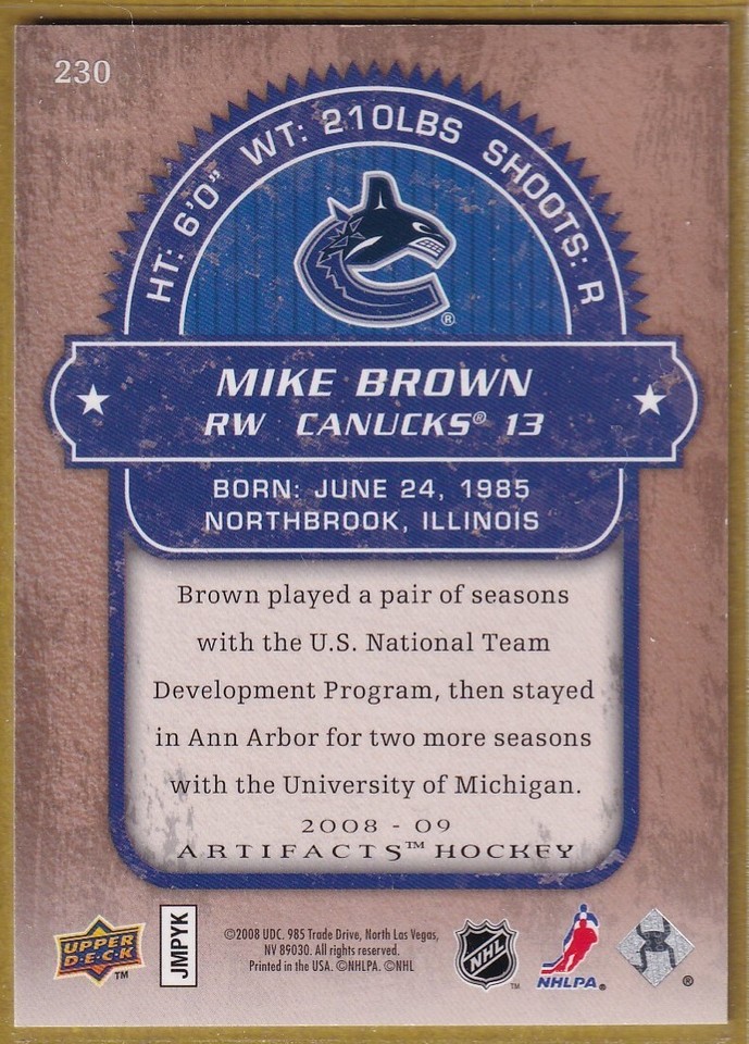 2008-09 Artifacts #230 Mike Brown RC /999 - Vancouver Canucks | eBay