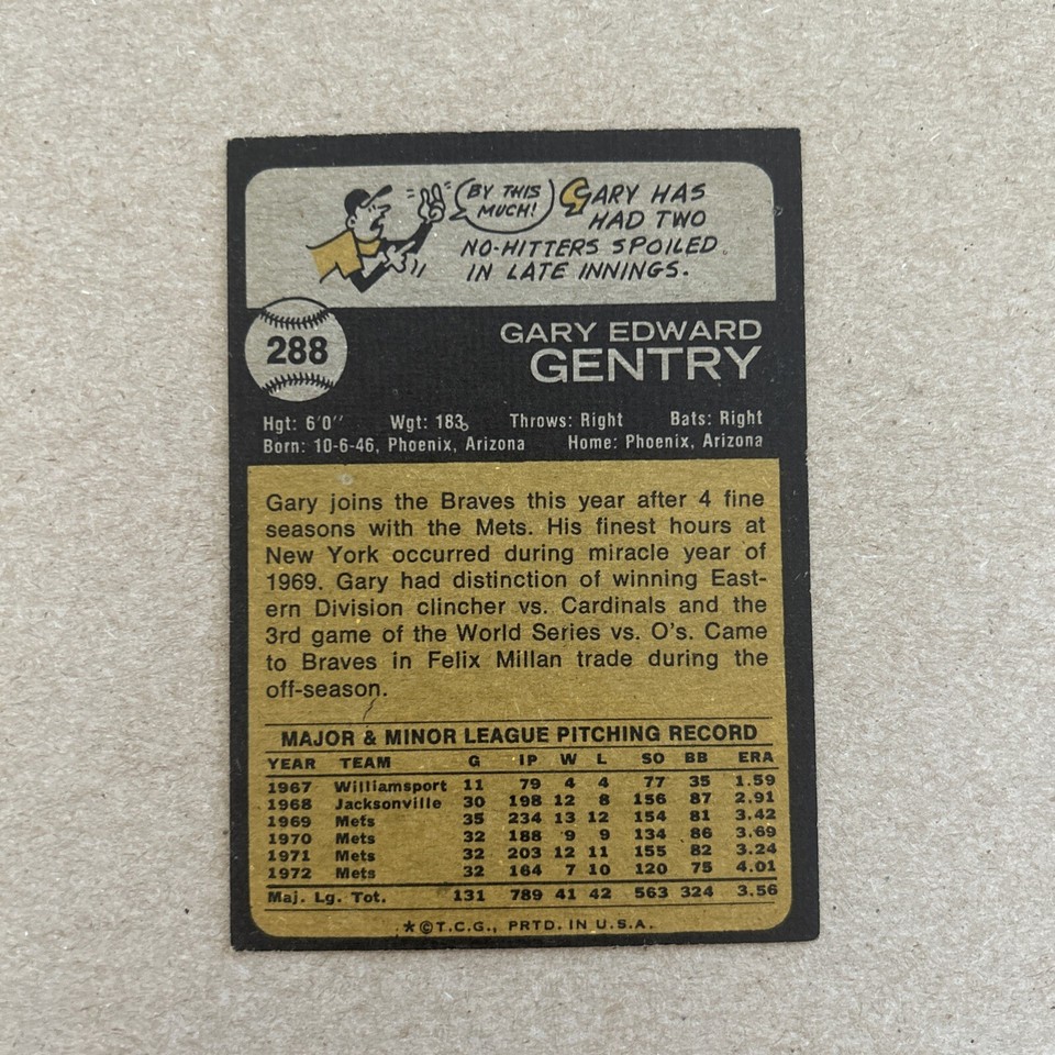 1973 Topps Baseball Gary Gentry Atlanta Braves Card #288 | eBay