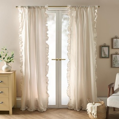 OHS Stripe Frill Voile Net Curtains 2 Window Panels Sheer Rod Slot Top ...