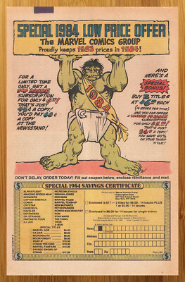 1984 Marvel Comics Subscription Vintage Print Ad/Poster Hulk Retro 80s ...