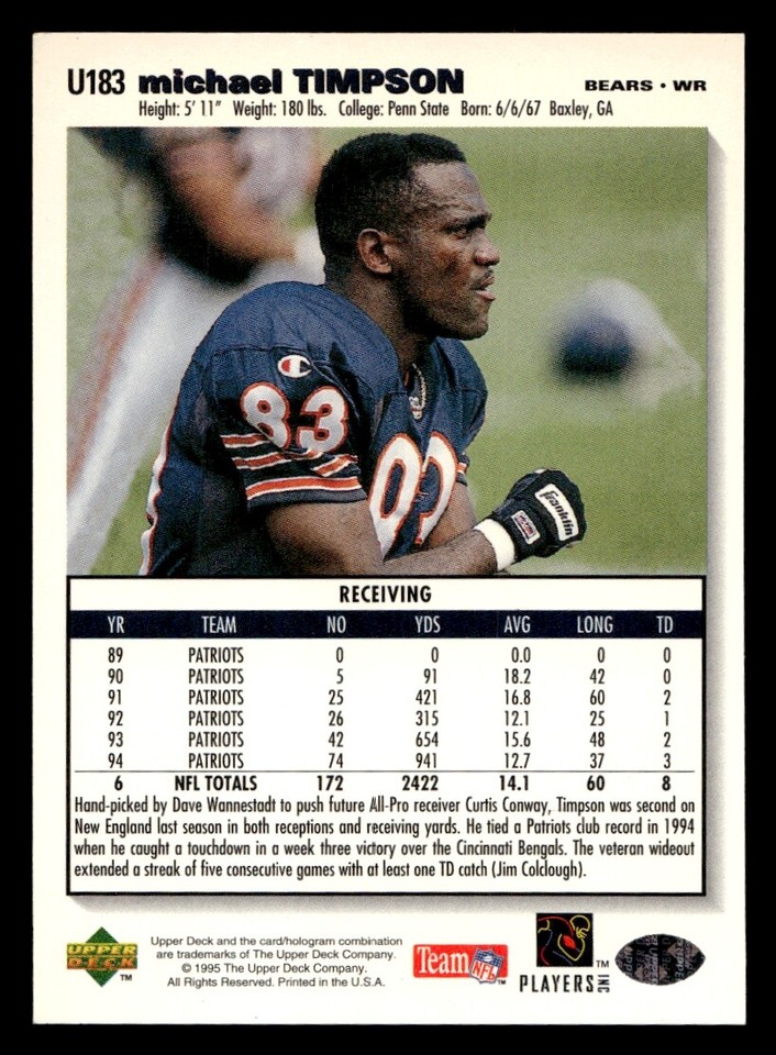 1995 Collector's Choice Update Michael Timpson #U183 Chicago Bears | eBay
