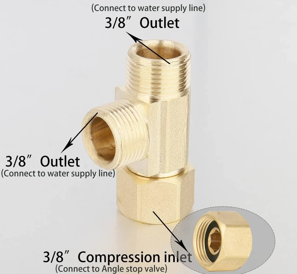 2 Pcs 3/8 Compression Tee Fittings Water Line Splitter Angle Stop ...