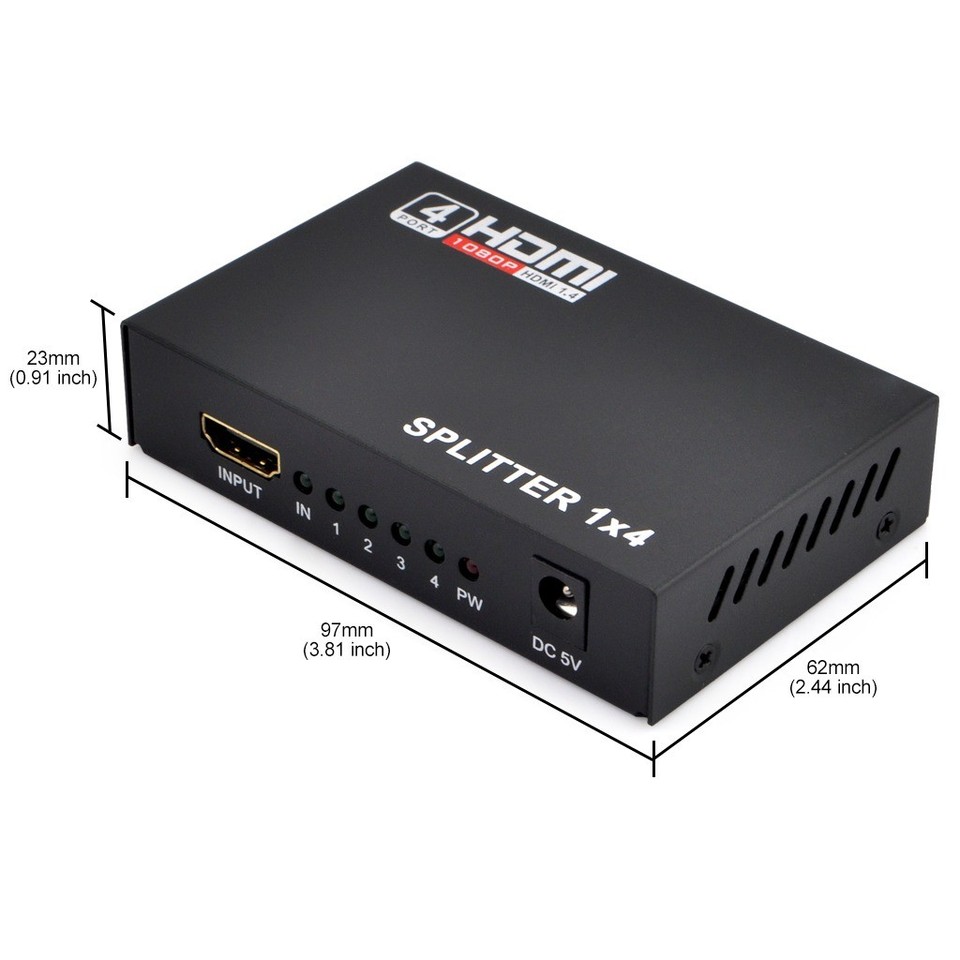 4 Port 1 x 4 HDMI Splitter AV HUB 1080P HD Amplifier HDTV Box + Power ...