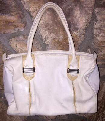 Mika Italy Vintage Tan Pleated White Leather Purse Satchel Duffel Hand ...