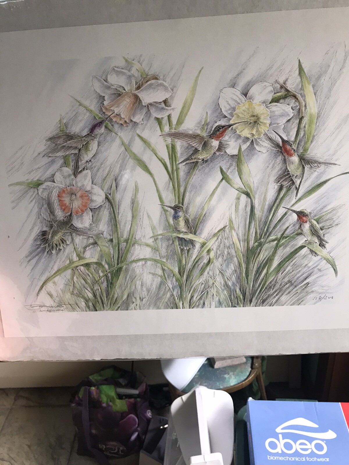 Frank M Hnat Signed Print # 118/300 "HUMMINGBIRDS AT DAFFODILS " w Card ...