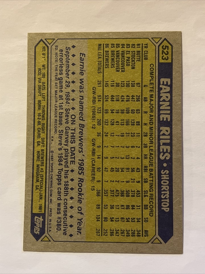 1987 Topps #523 Ernest Riles Seattle Mariners | eBay