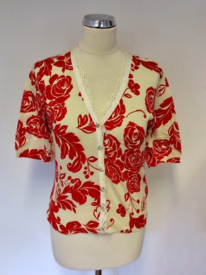 PHASE EIGHT CREAM & RED ROSE PRINT V NECK SHORT SLEEVE COTTON CARDIGAN ...