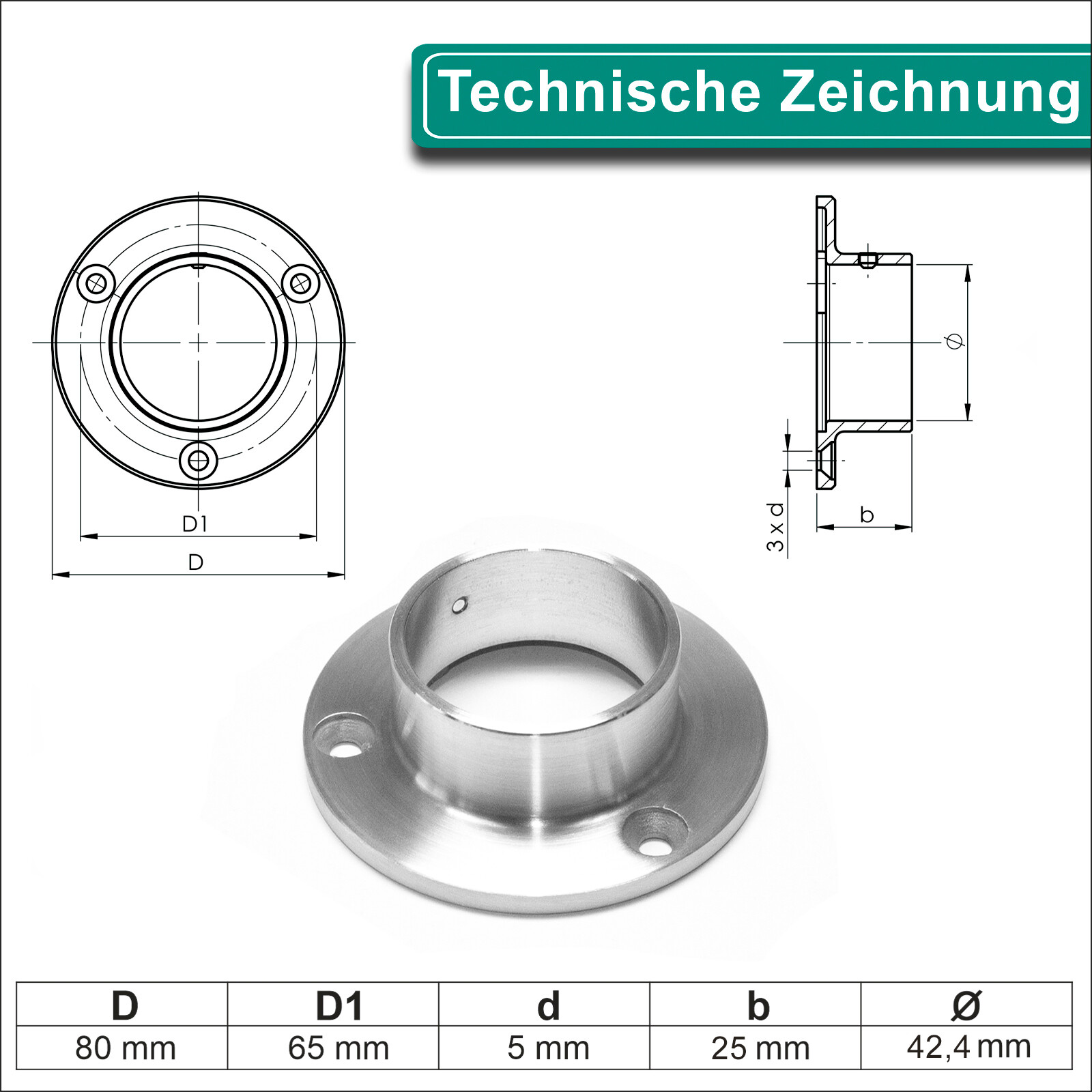 Flansch Wandflansch Bodenflansch Fitting V2A Rohr Halter Geländer ...