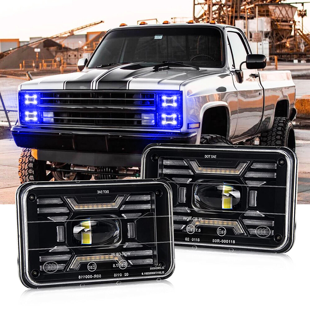 2pcs 4x6" LED Headlights Hi/Lo DRL Turn Signal Amber Blue For Chevy C10 ...
