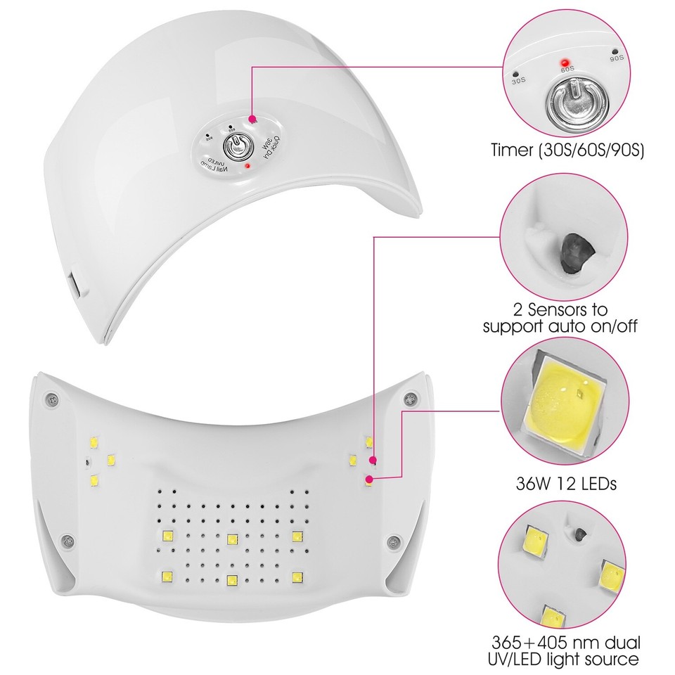 36W LED UV Lamp Nail Gel Dryer 12 LEDs Acrylic Curing Light Spa ...