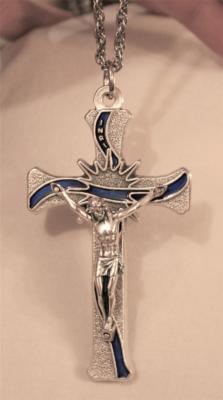 Striking Large Navy Blue Enameled Swoop Crucifix Cross Silvertone Medal ...