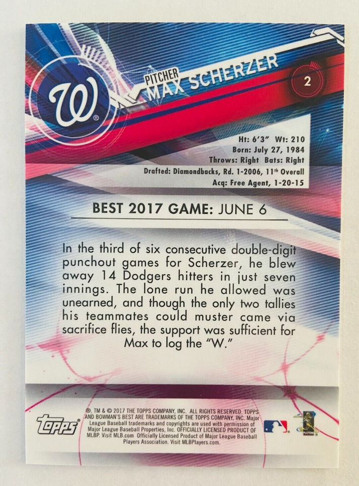 2017 Bowman's Best MAX SCHERZER Blue Refractor #'d /150 | eBay