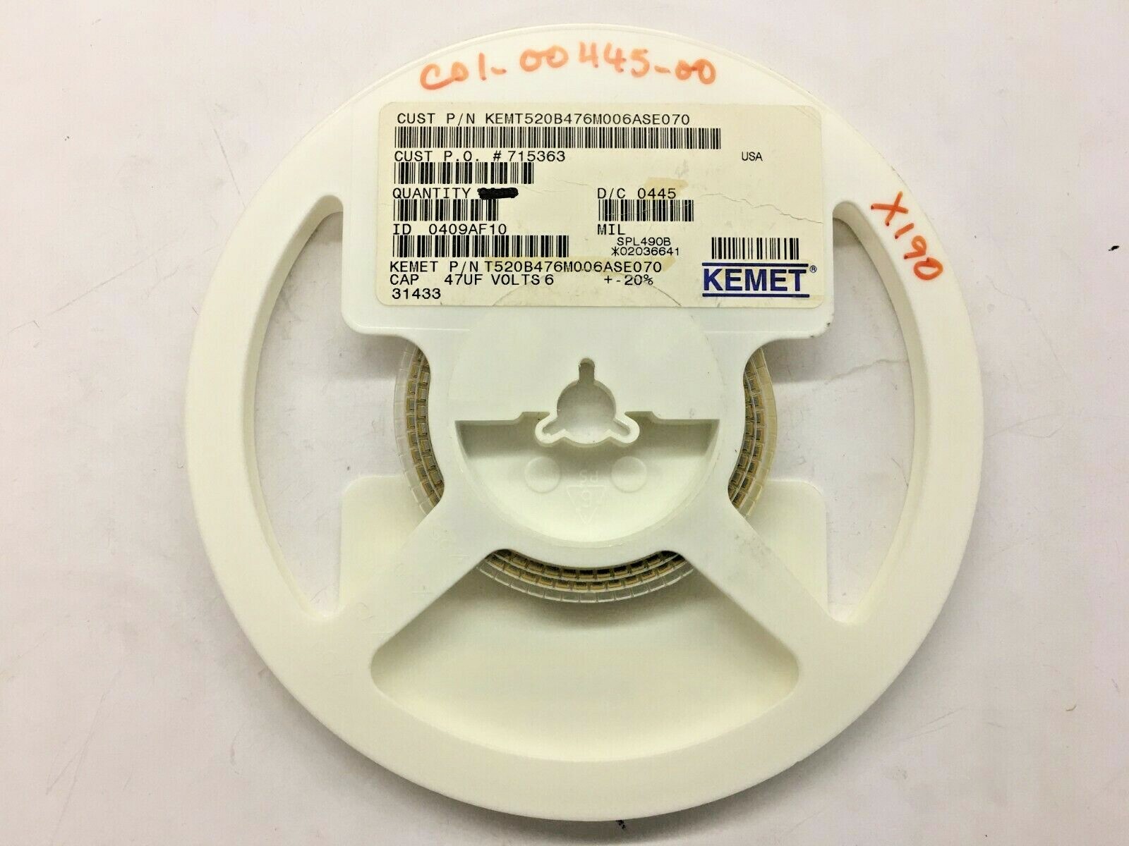(190 PIECE REEL) T520B476M006ASE070, KEMET, CAP TANT POLY 47UF 6.3V ...