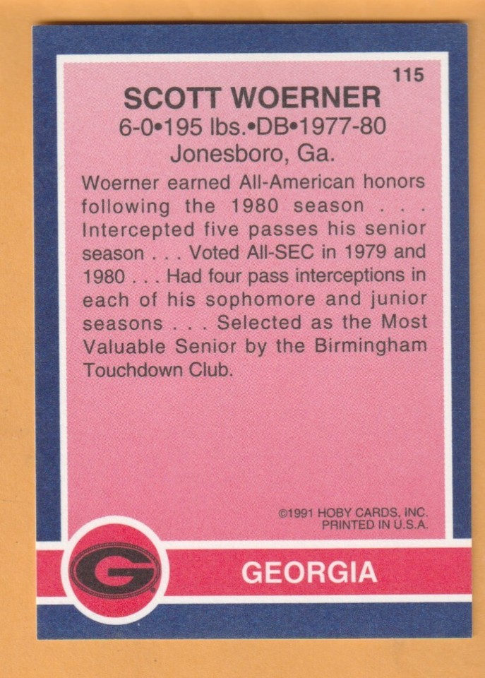 Scott Woerner Georgia Bulldogs AUTO Signed 1991 SEC Hoby 1980 NCAA ...