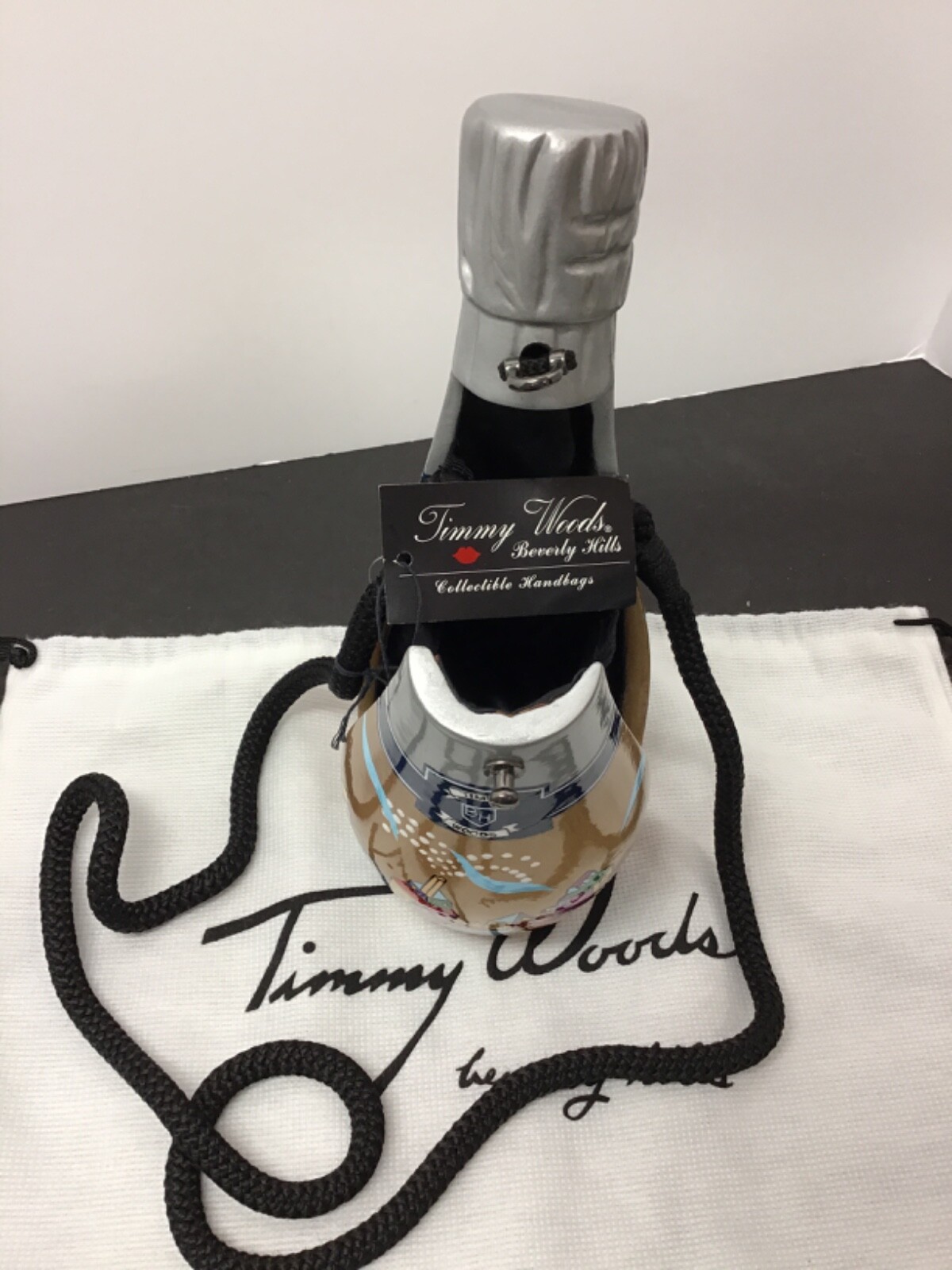 CHAMPAGNE BOTTLE TIMMY WOODS Beverly Hills Carved Acacia Wood Handbag w ...