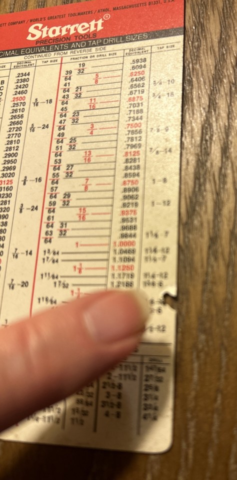 1 Vintage STARRETT Tap Drill Size Decimal Equivalents Pocket Card Chart ...