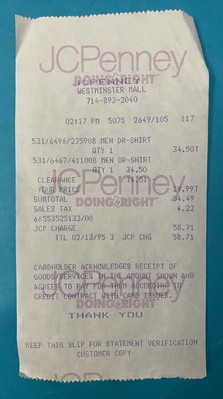 1995 JCPenney Department Store Receipt 90s Ephemera Paper JCP Vintage ...