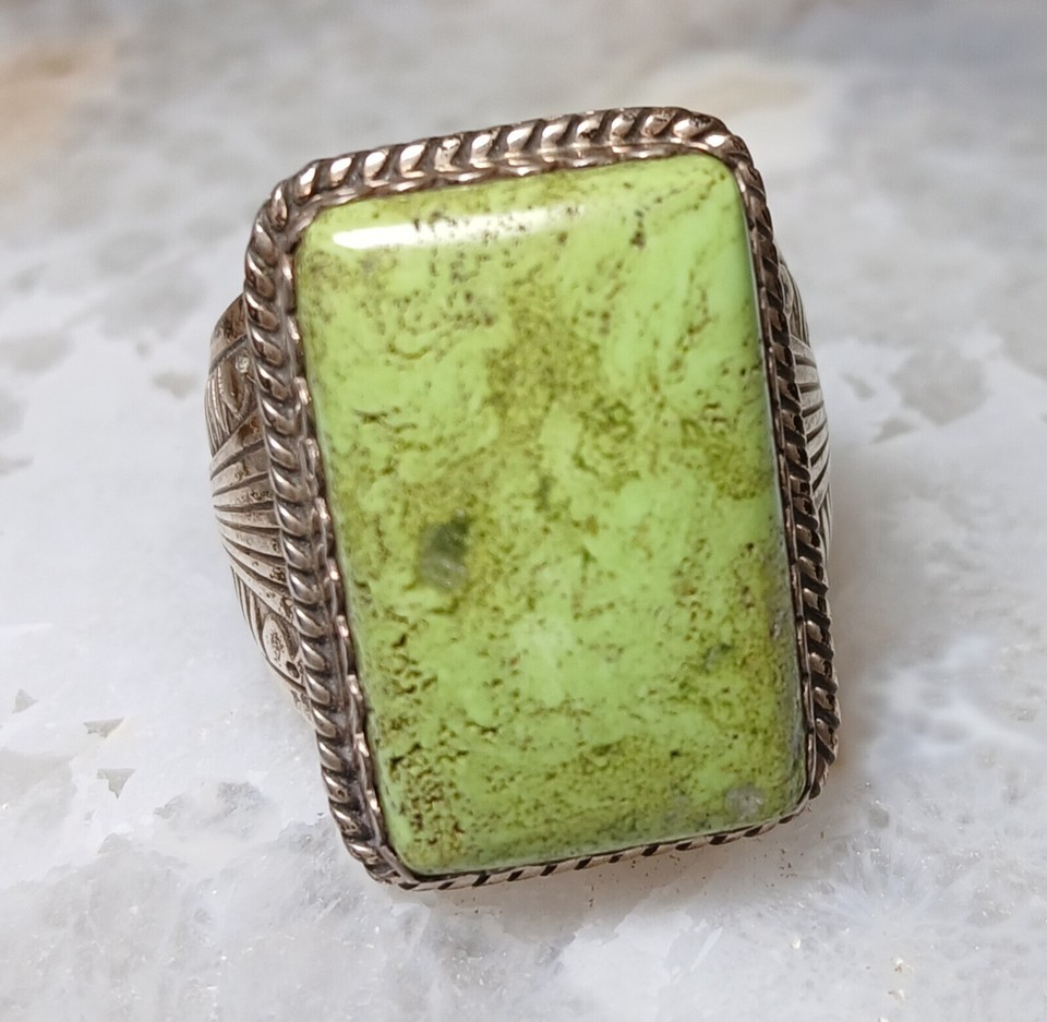 Vintage Huge Green Gaspeite Native American Signed B Sterling Ring Size ...