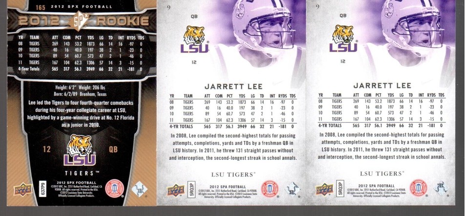 Jarrett Lee 3 Card Rookie Rc w #/D SP 2012 Upper Deck SPx #165 274/750 ...
