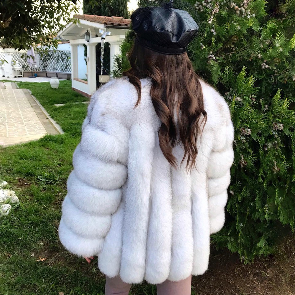 Women Full Pelt Natural White Real Fox Fur Coat Hooded Jacket Overcoat ...