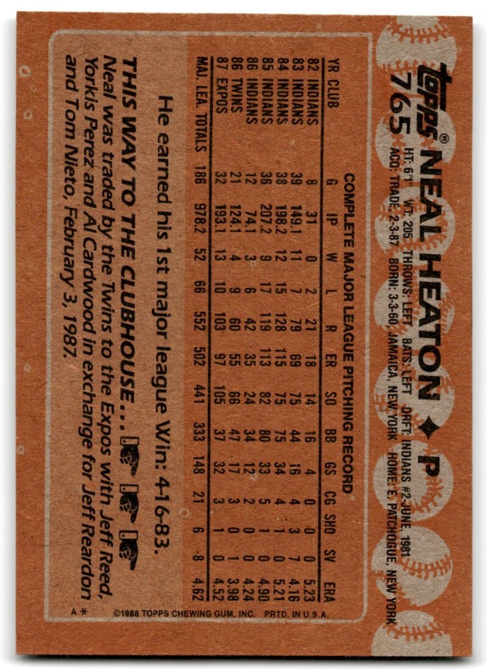1988 Topps Baseball Card Neal Heaton Montreal Expos #765 | eBay