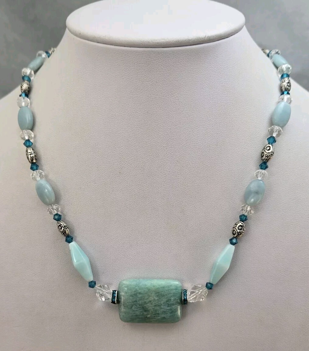 Large Amazonite Pendant Mix Beaded Silver Tone Metal Boho Toggle Clasp ...