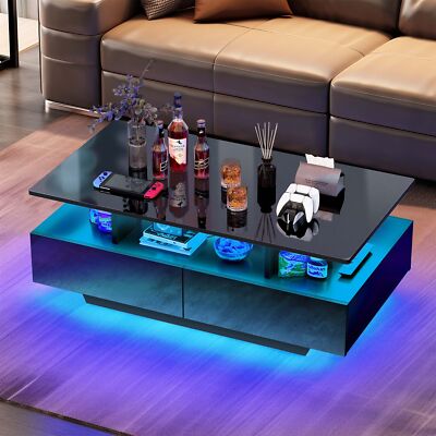 Black LED Coffee Table Modern High Gloss Center Table with Storage ...
