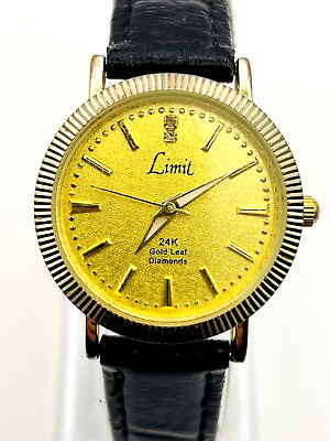 Vintage Limit Ladies 24k Gold Leaf 2 Diamonds Watch Leather Strap | eBay UK