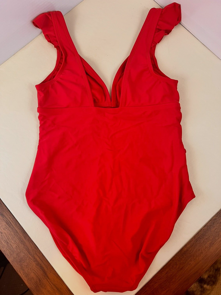 Kona Sol Woman's Red 1 Piece Swimsuit with Ruffle Trim Shoulders Sz M ...