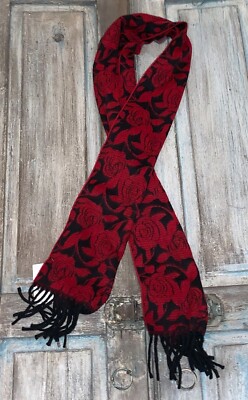 Cejon Red & Black Floral Print Scarf Black Fringe End Women's NEW WITH ...