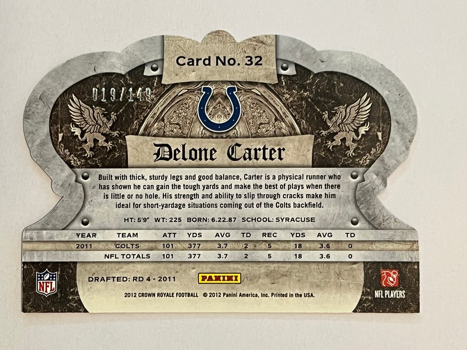 2012 Crown Royale Silver Holofoil Colts Football Card #32 Delone Carter ...