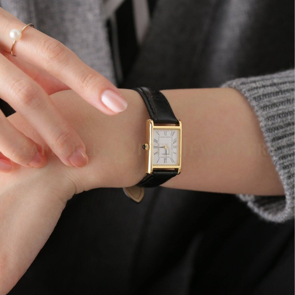 SEIKO Ladies Watch White Dial Black Leather Rectangle Gold Tone SWR054 ...