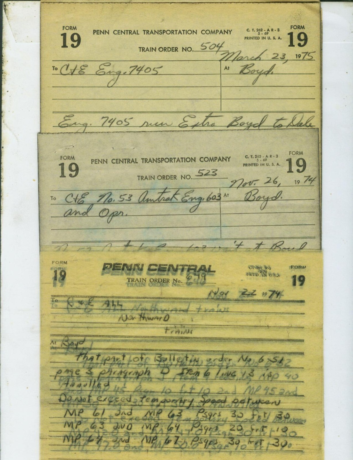 PENN CENTRAL RAILROAD TRAIN ORDERS (18) BOYD (JEFFERSONVILLE) INDIANA ...