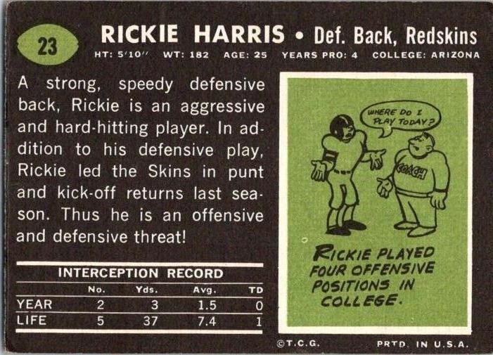 Rickie Harris 1969 Topps #23 Washington Redskins | eBay