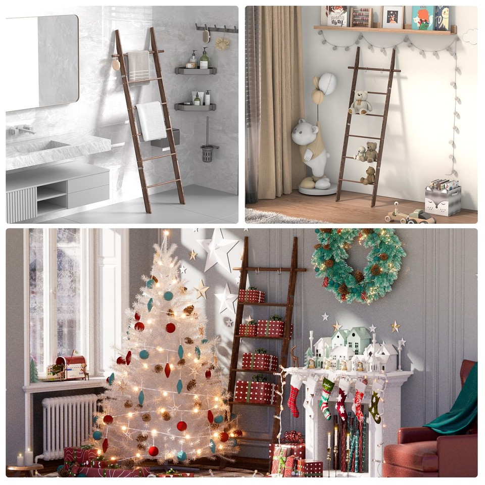 Farmhouse 6 Ft (70 inch) Wooden Blanket Ladder with Removable Hooks, 6 ...
