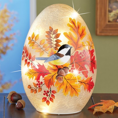 LED Lighted Harvest Chickadee & Leaves Crackled Glass Table Egg Lamp ...