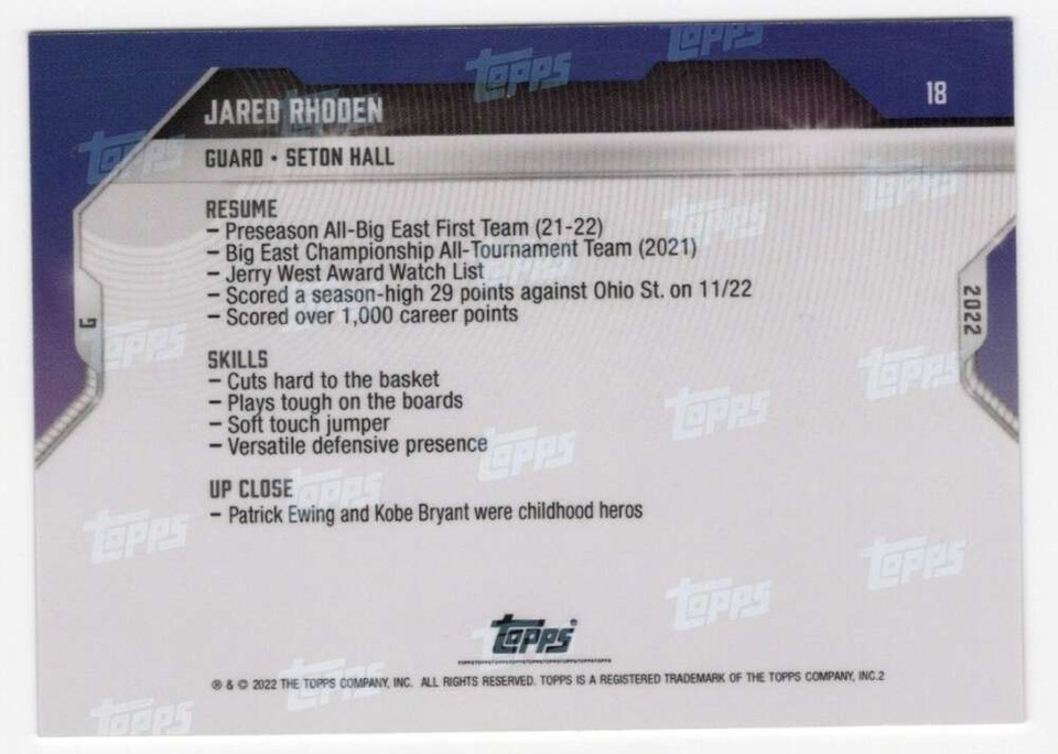JARED RHODEN RC 2022 Bowman Next ROOKIE /159 #18 SETON HALL NBA ID ...