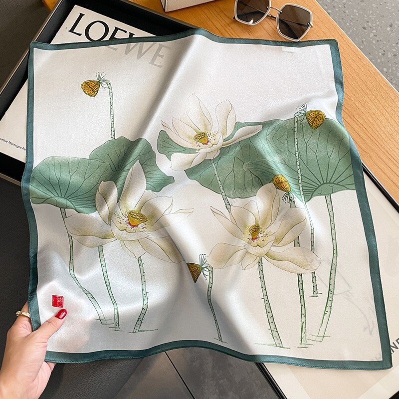 100% Silk 21'' Scarf Small Bandana Women Vintage Lotus Headband ...